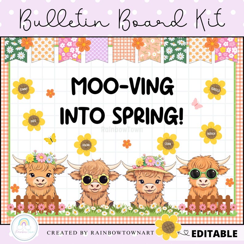 Spring Bulletin Board Kit Highland Cow Flower Classroom Decor Printable ...