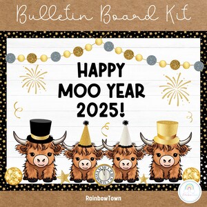 New Year Bulletin Board Kit Highland Cow Theme January Classroom Decor ...