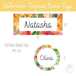 Watercolor Tropical Name Tags: Editable Summer Desk Plates (digital ...