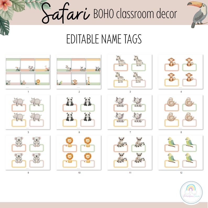 Safari Animal Name Tags: Boho Classroom Decor (PPT & PDF) - Etsy
