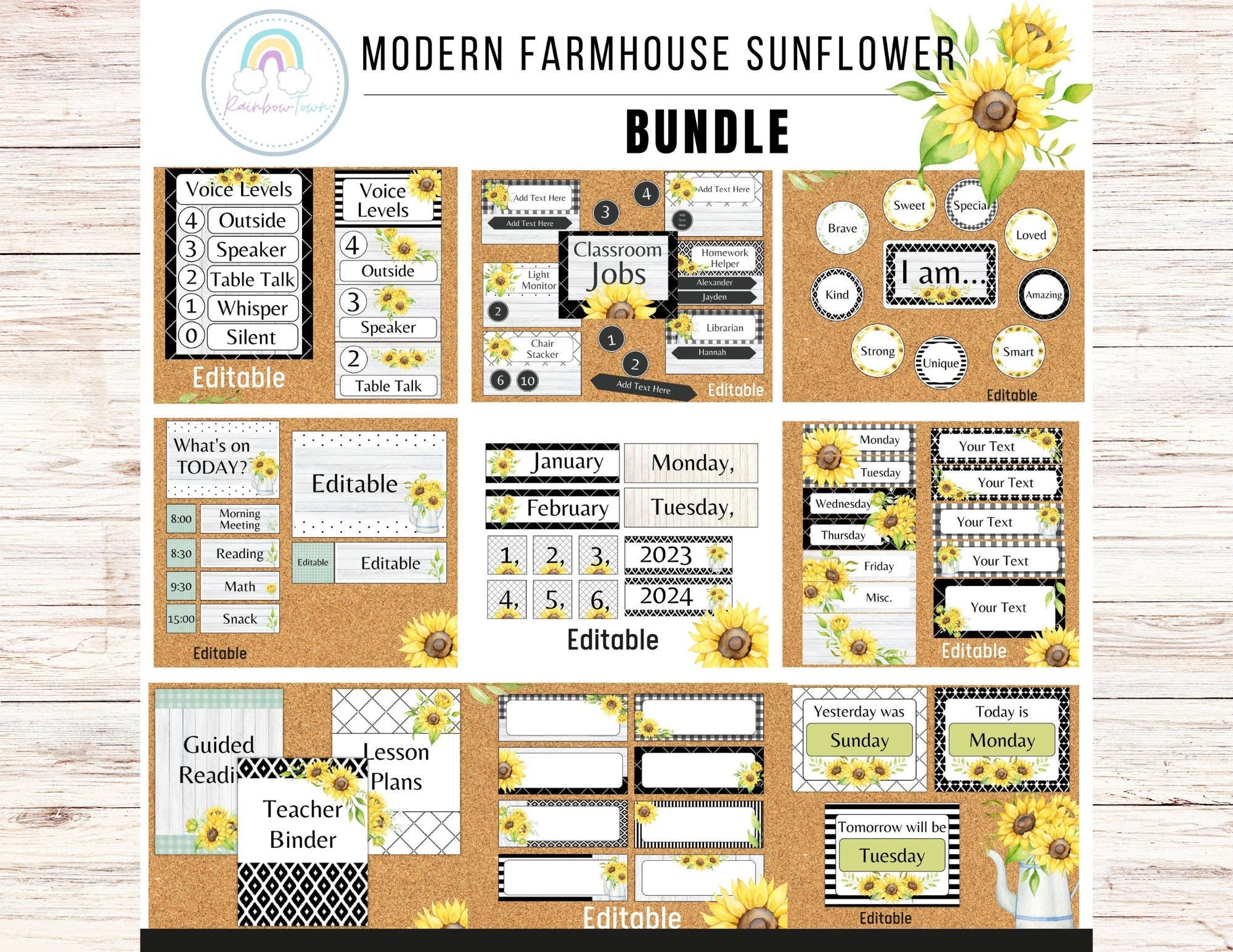 Modern Farmhouse Sunflower Classroom Decor Bundle Printable & Editable ...