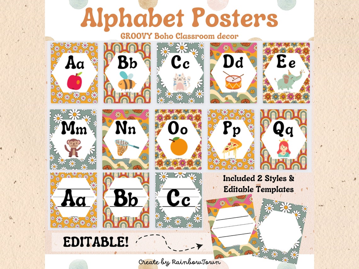 GROOVY BOHO Alphabet Posters BOHO Classroom Decor Editble - Etsy