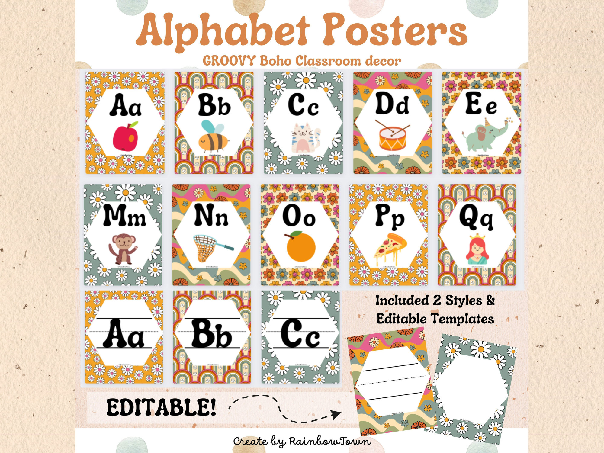 GROOVY BOHO Alphabet Posters BOHO Classroom Decor Editble - Etsy