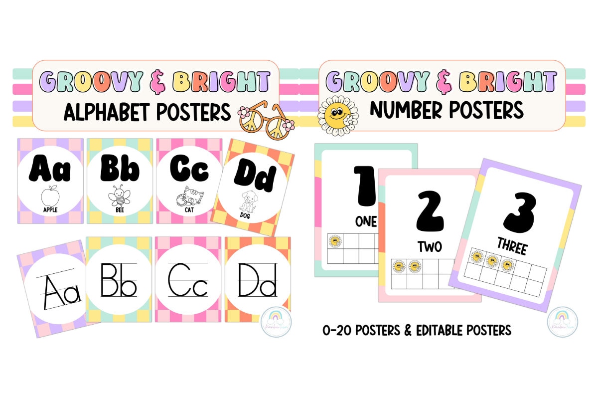 Groovy Bright Classroom Decor Bundle Pastel Theme Printable & Editable ...