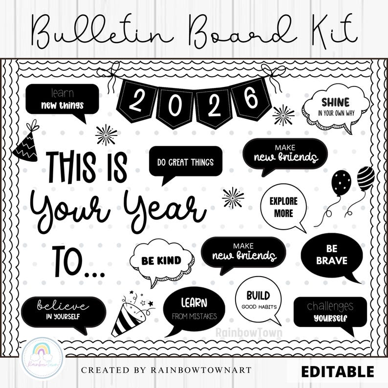 New Year Bulletin Board Kit B&W Motivational Classroom Decorations ...