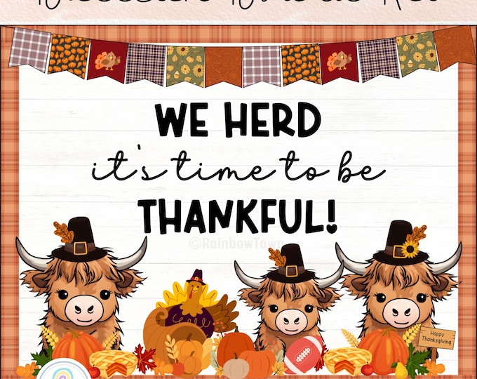 Thanksgiving Bulletin Board Kit Highland Cow Thankful Fall Classroom ...