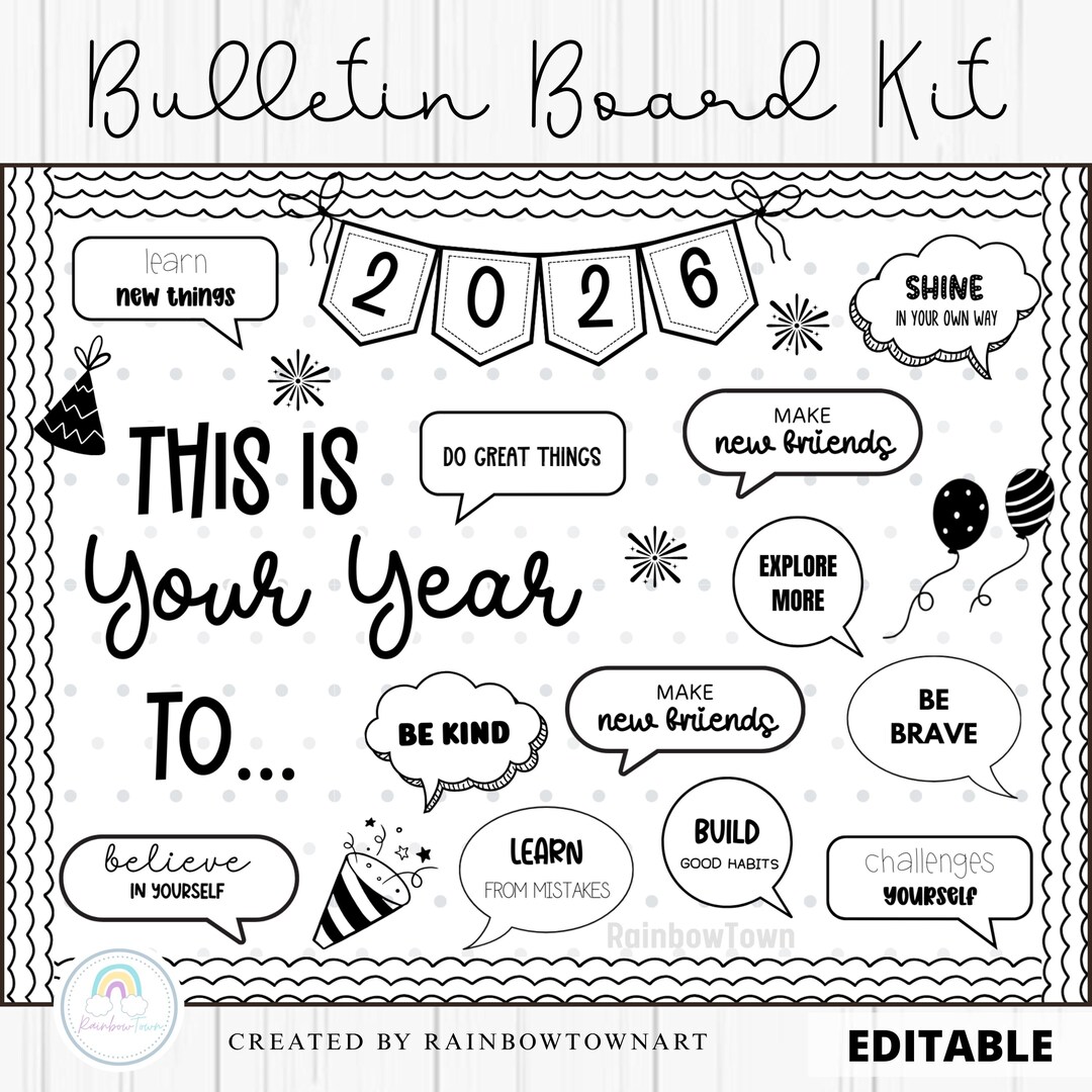 New Year Bulletin Board Kit B&W Motivational Classroom Decorations ...