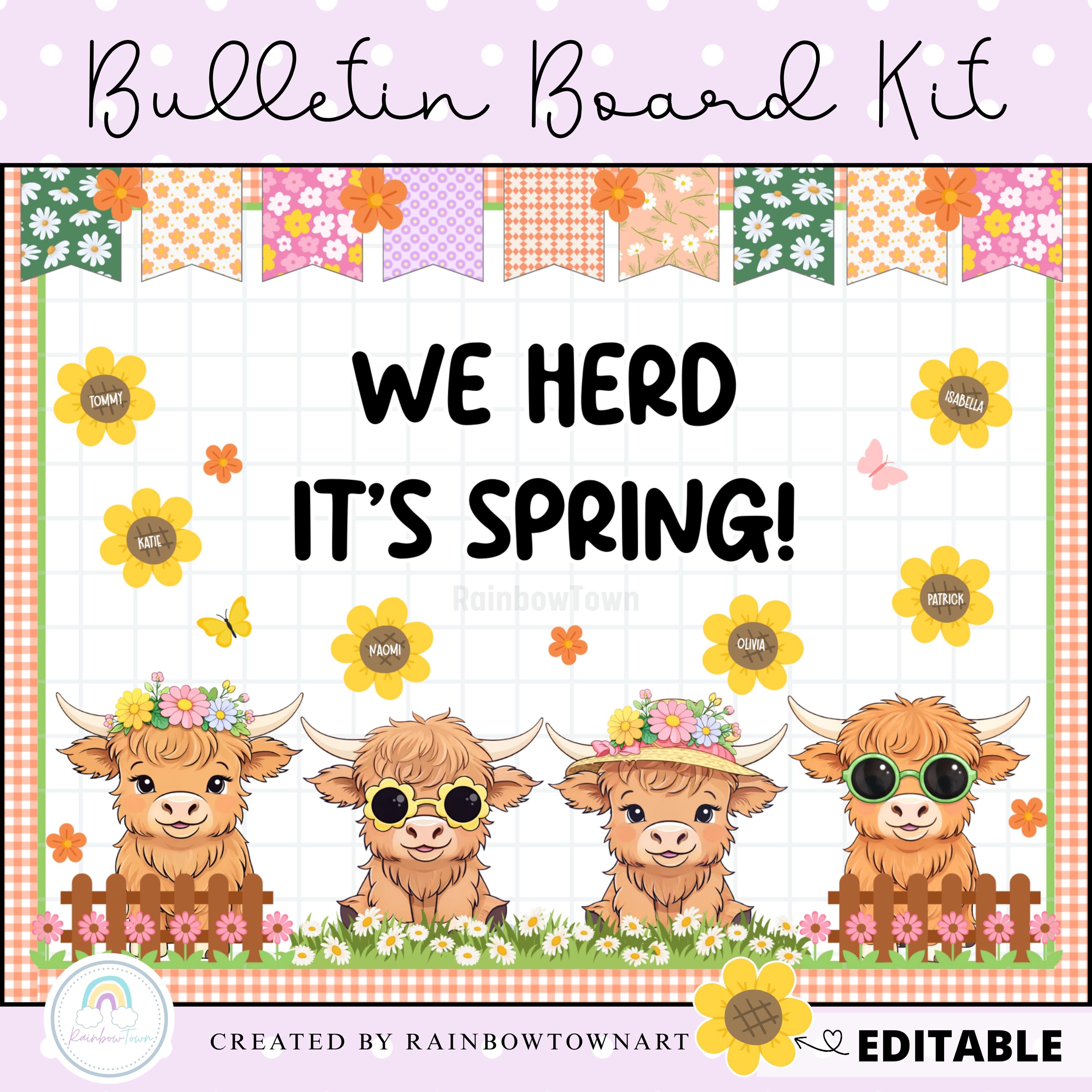 Spring Bulletin Board Kit Highland Cow Flower Classroom Decor Printable ...