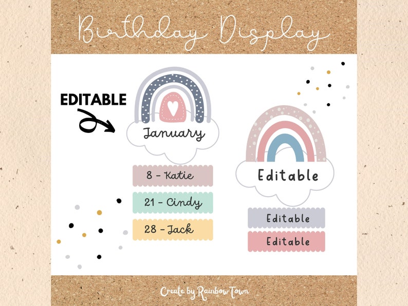 BOHO Rainbow Birthday Bulletin Board Birthday Display Editable - Etsy