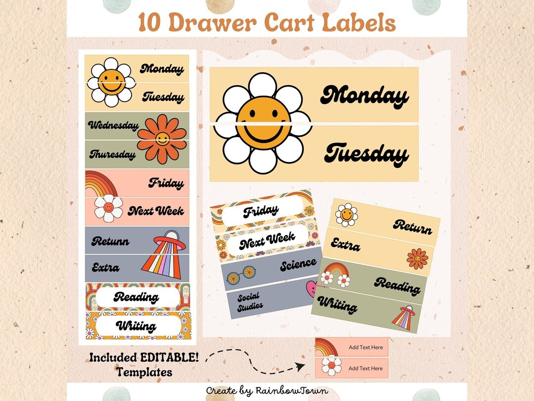 Teacher Rolling Cart Labels Editable Groovy BOHO Classroom Decor - Etsy
