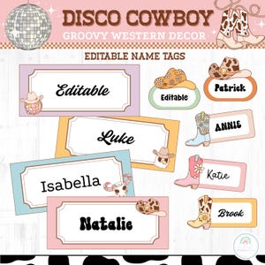 Editable Name Tags Desk Name Plates Classroom Labels Disco Cowboy Decor ...