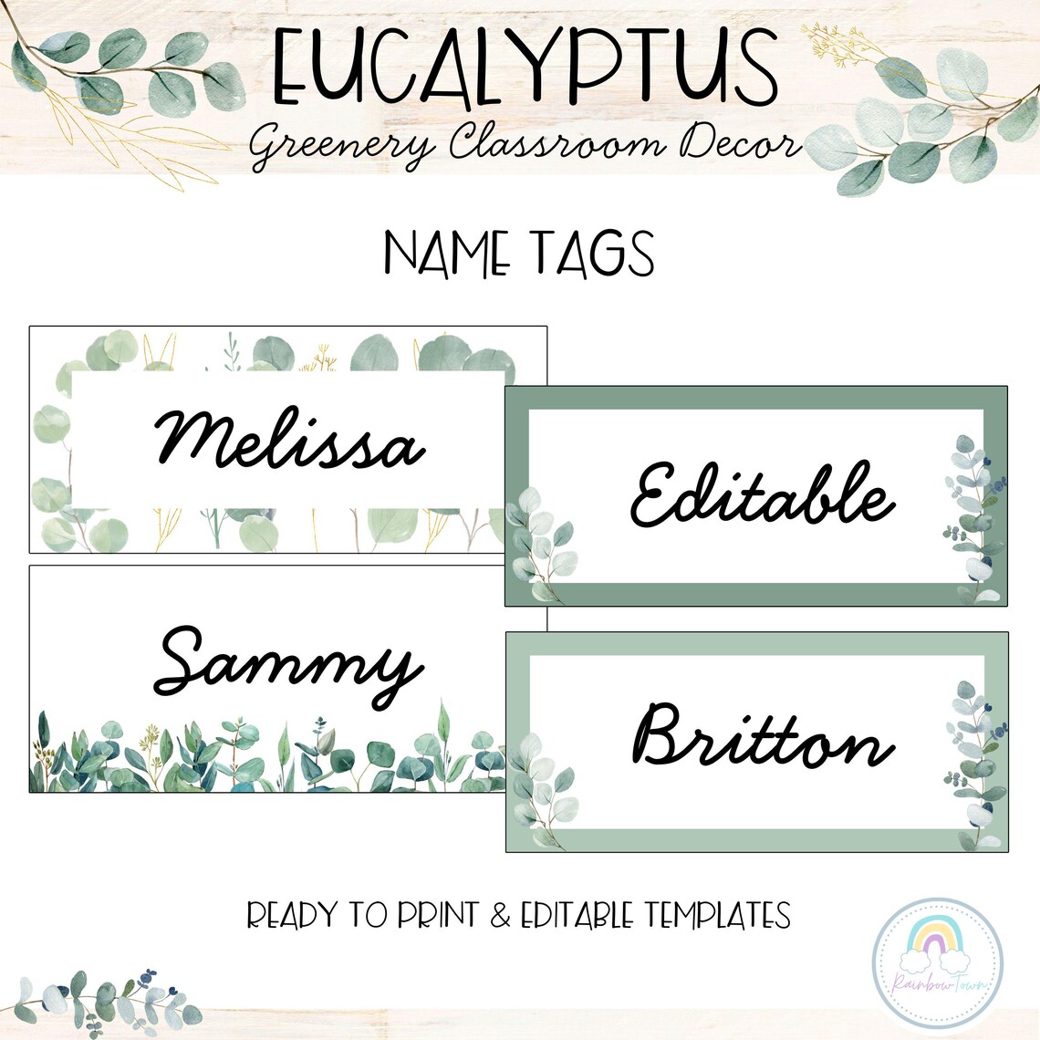 Eucalyptus Classroom Decor: Editable Name Tags (PDF, JPG, PPT) - Etsy
