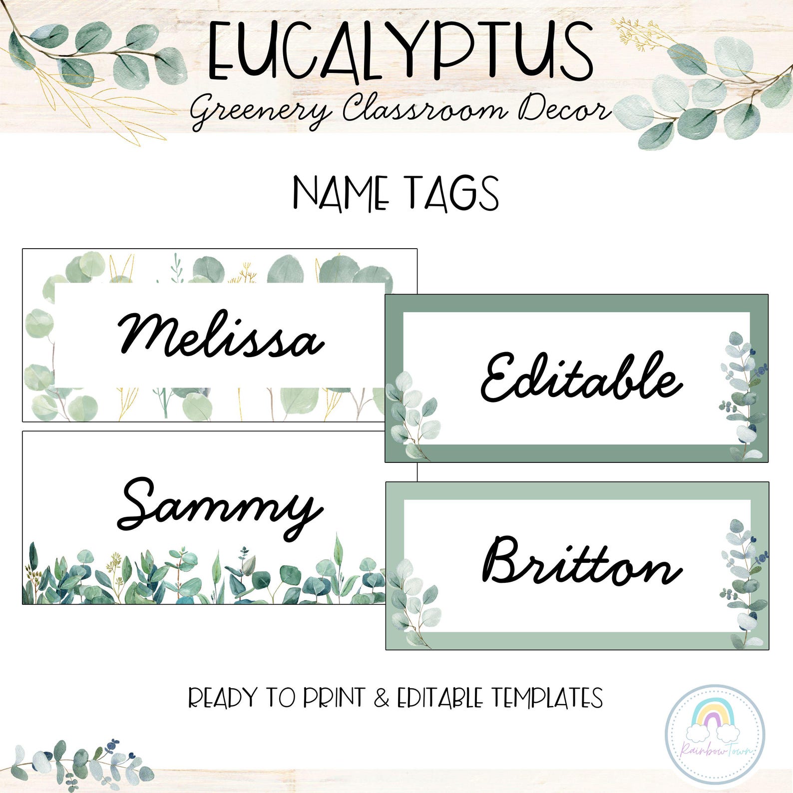 Eucalyptus Classroom Decor: Editable Name Tags (PDF, JPG, PPT) - Etsy