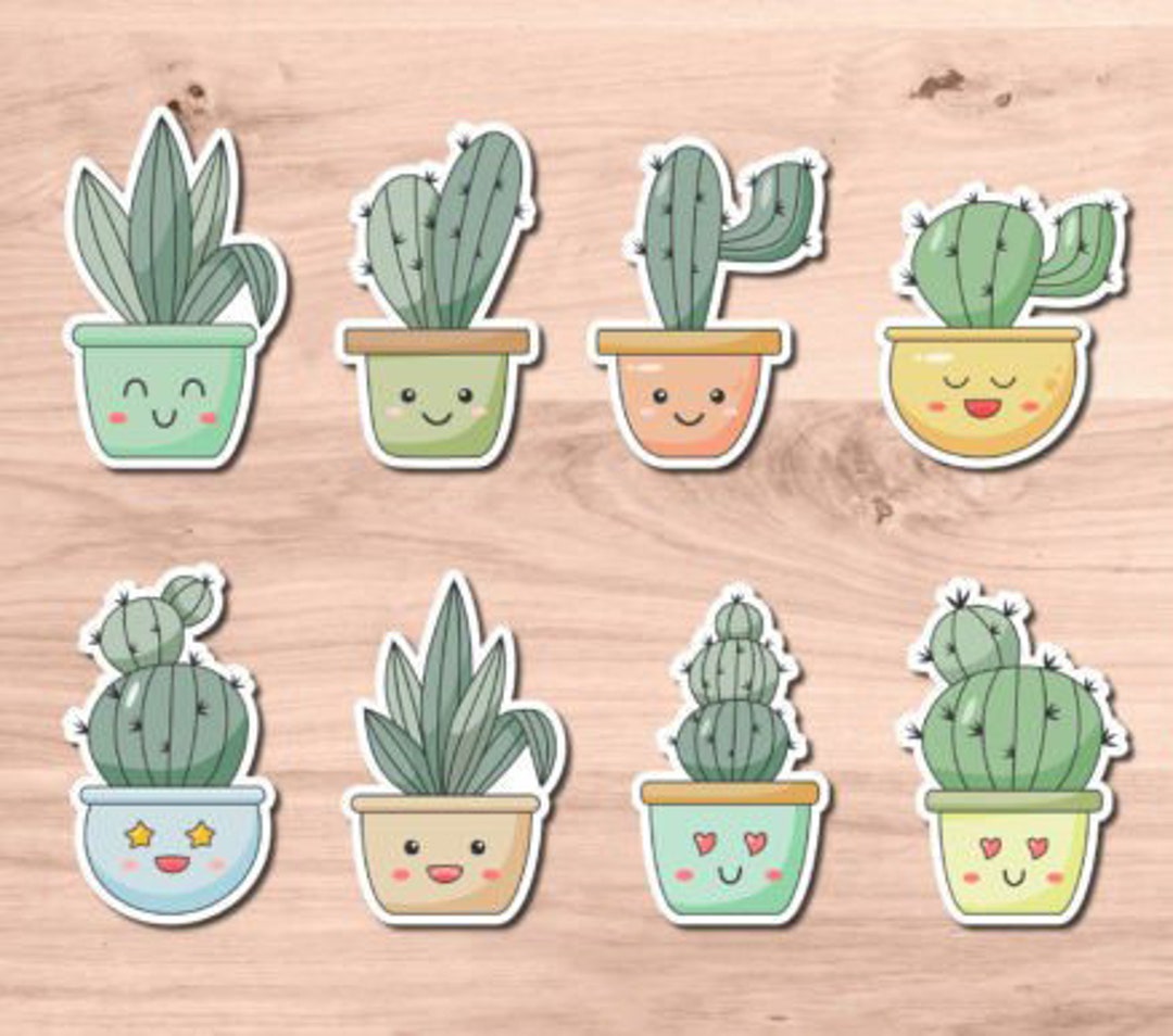 KAWAII CACTUS 8 Piece Waterproof Sticker PACK, Laptop Stickers, Water ...
