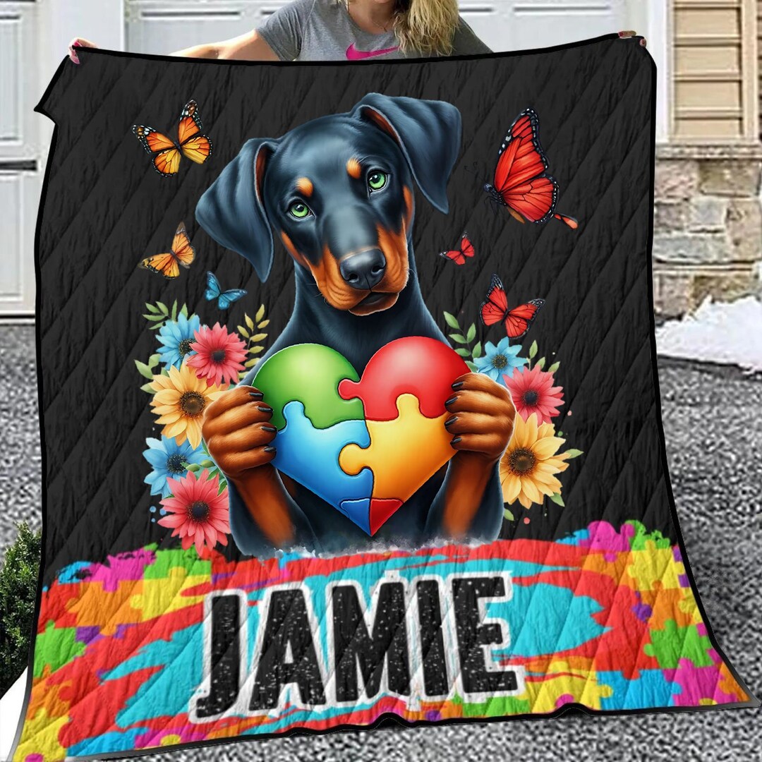 Doberman Autism Quilt Set With Name On, Personalised Autism Bed Set ...