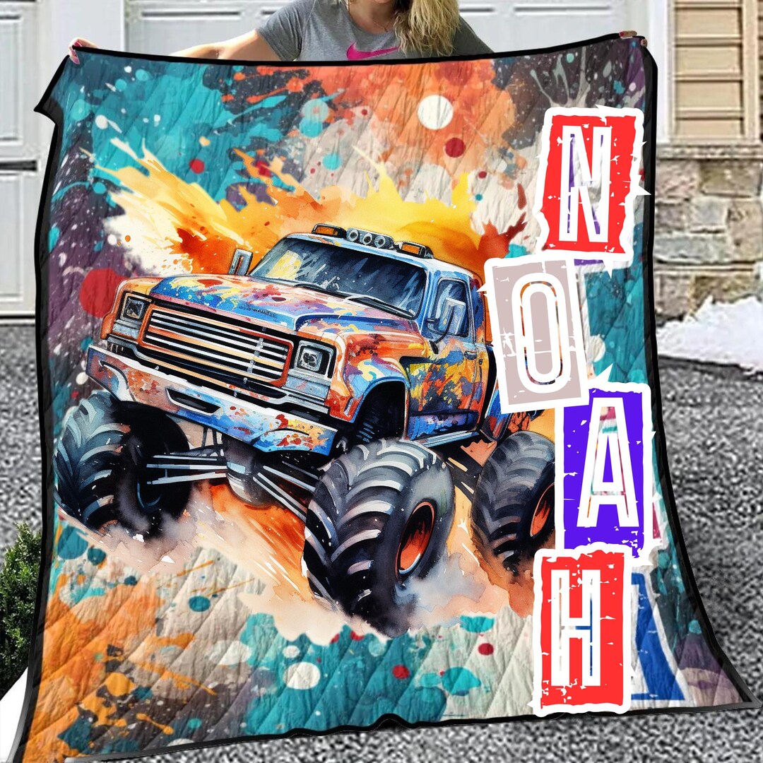 Custom Monster Trucks Quilts for Boys With Name On, Customized Quilts ...