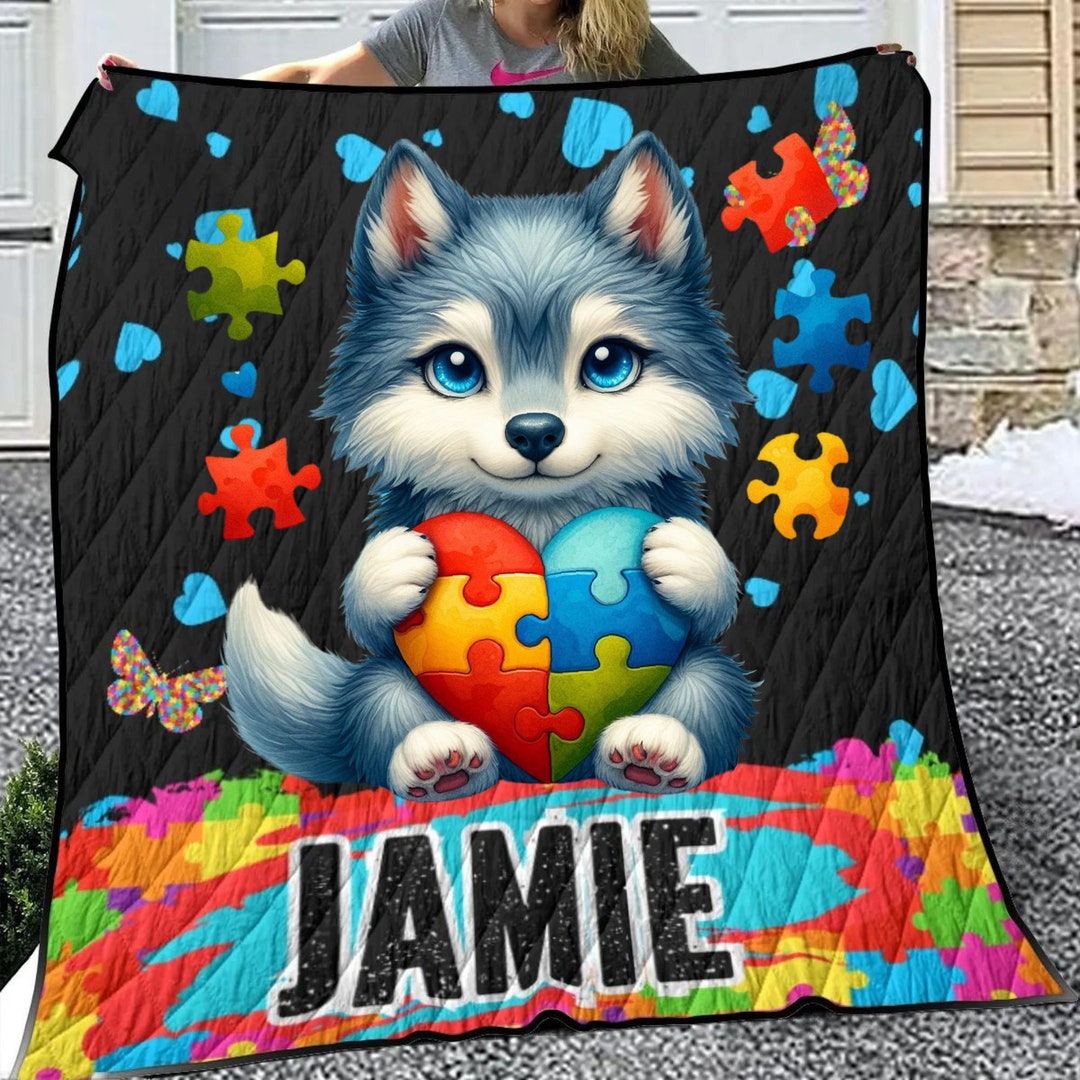 Wolf Autism Quilt Set With Name On, Personalised Autism Bed Set With ...