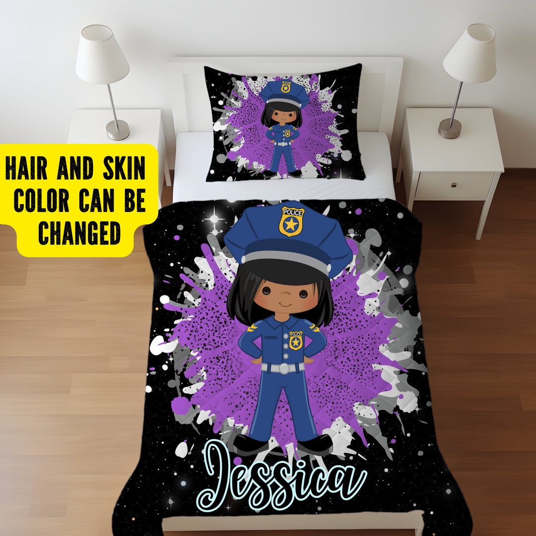 Customized Police Girls Quilted Blanket and Pillow Set, Custom Girl Cop ...