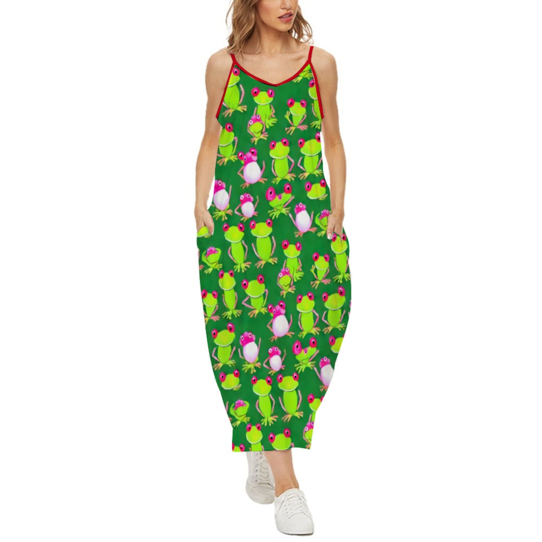 Frog Maxi Dress With Pockets, Long Summer Dresses With Frog Print, Gift ...