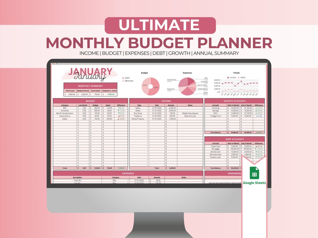 Monthly Budget Spreadsheet (pink) | Annual Personal Finance Tracker ...