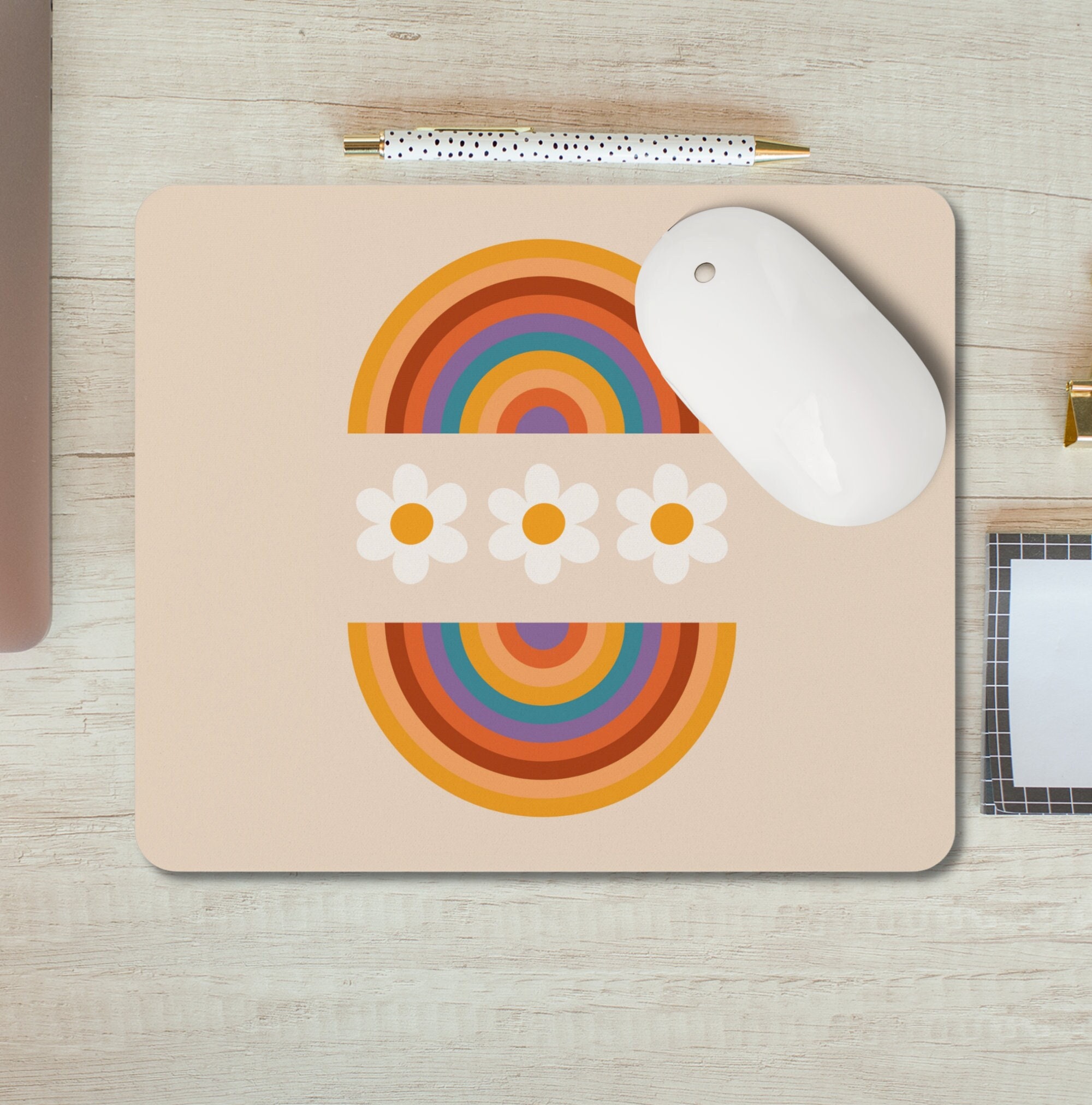 Rainbow Flower Mouse Pad | Retro Office Decor | Floral Computer ...