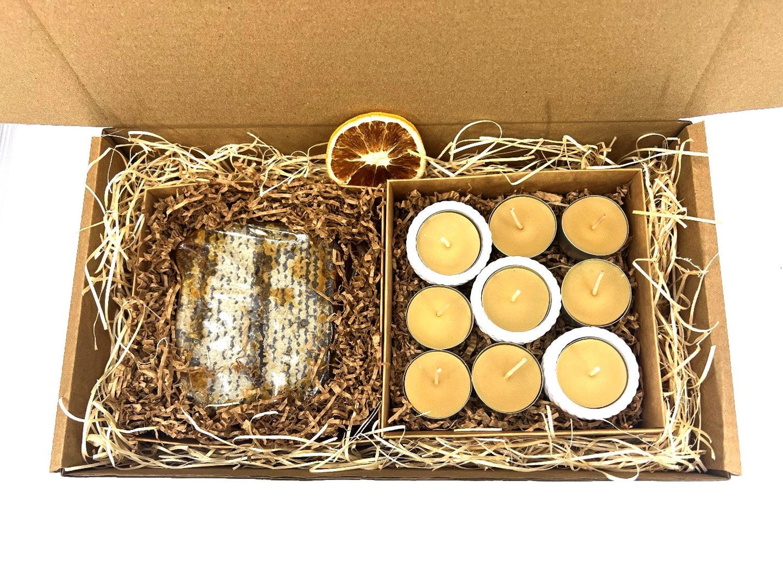 Honeycomb Gift Set With Pure Honey, Beeswax Candles, and White Candle ...