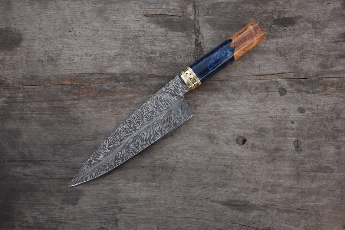 Beautiful Damascus Chef Knife With Feather Pattern With Resin Handle ...