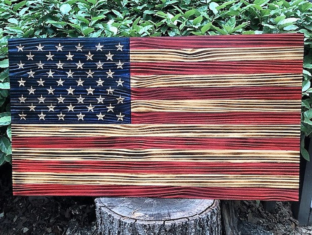 Handmade Wooden American Flag With Engraved Stars - Large American Flag ...