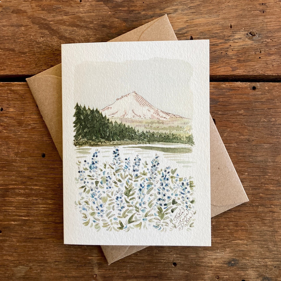 Trillium Lake Card 4x5.5 Watercolor Card Mt Hood Greeting Card Mount ...