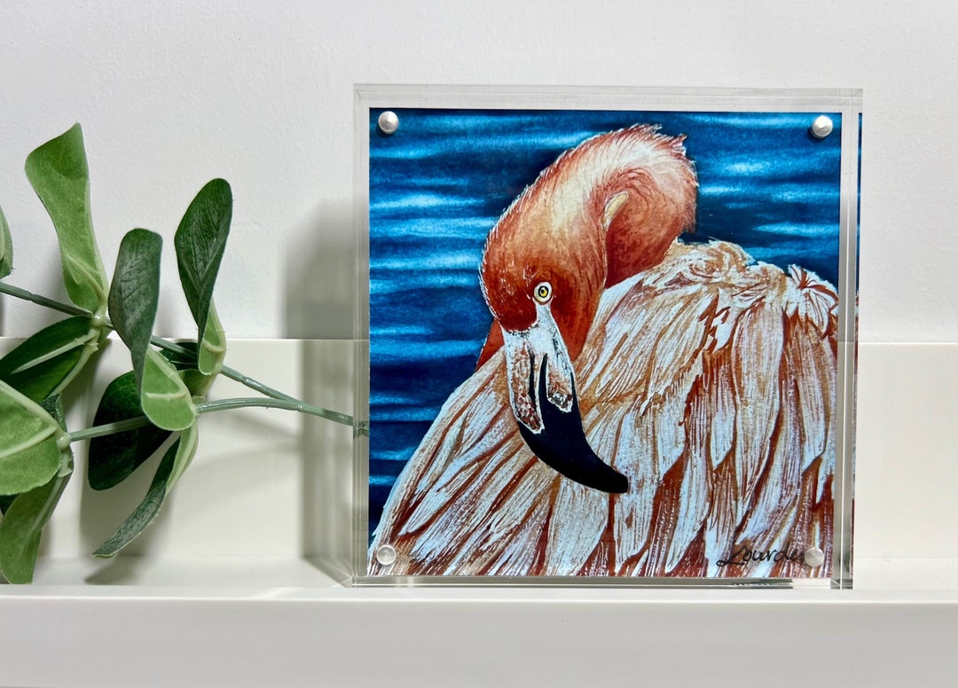 Flamingo Artwork on Acrylic Block Tabletop Art, Watercolor Flamingo ...