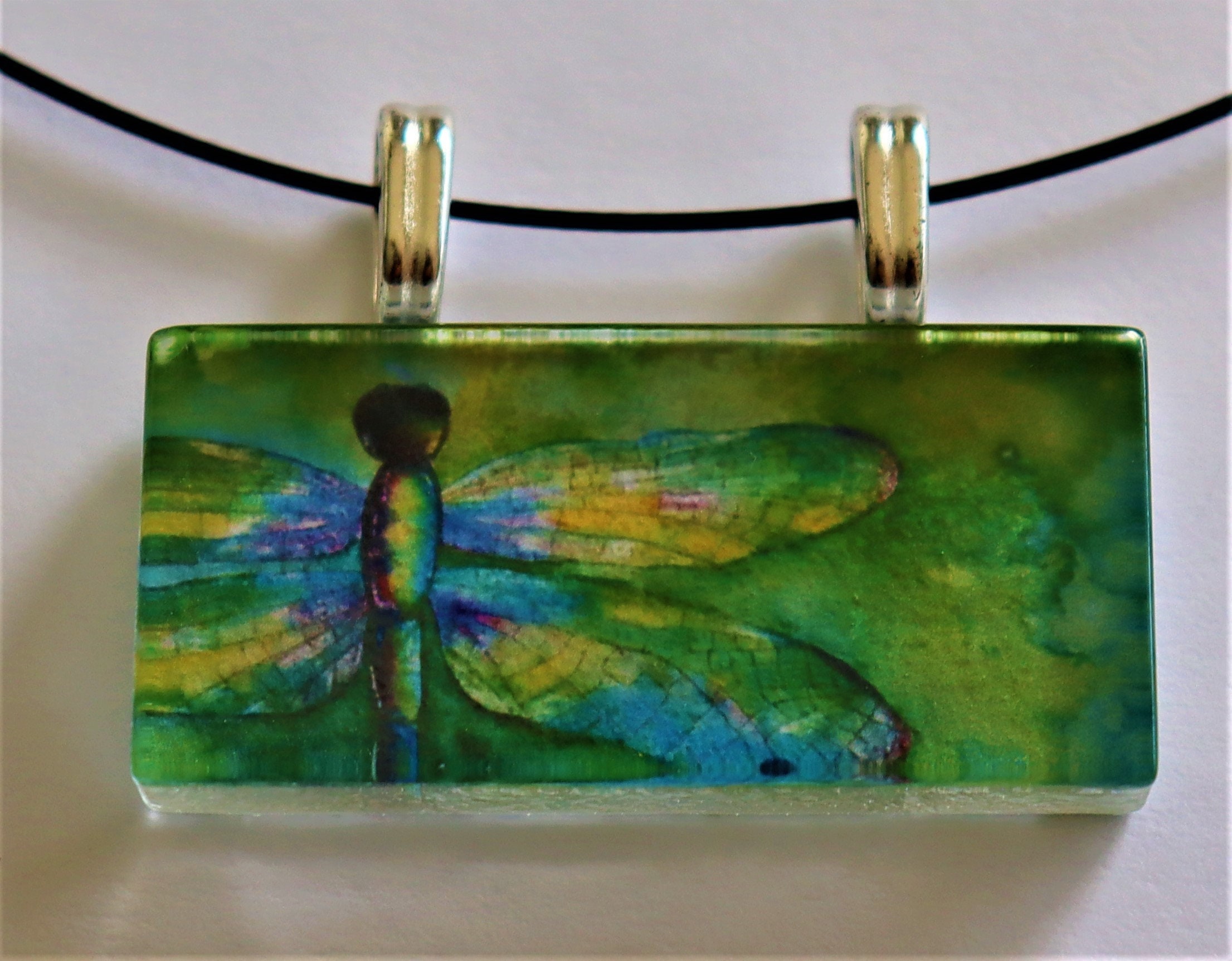 Dragonfly Glass Tile Pendant With Cord, Artsy Dragonfly Necklace for ...