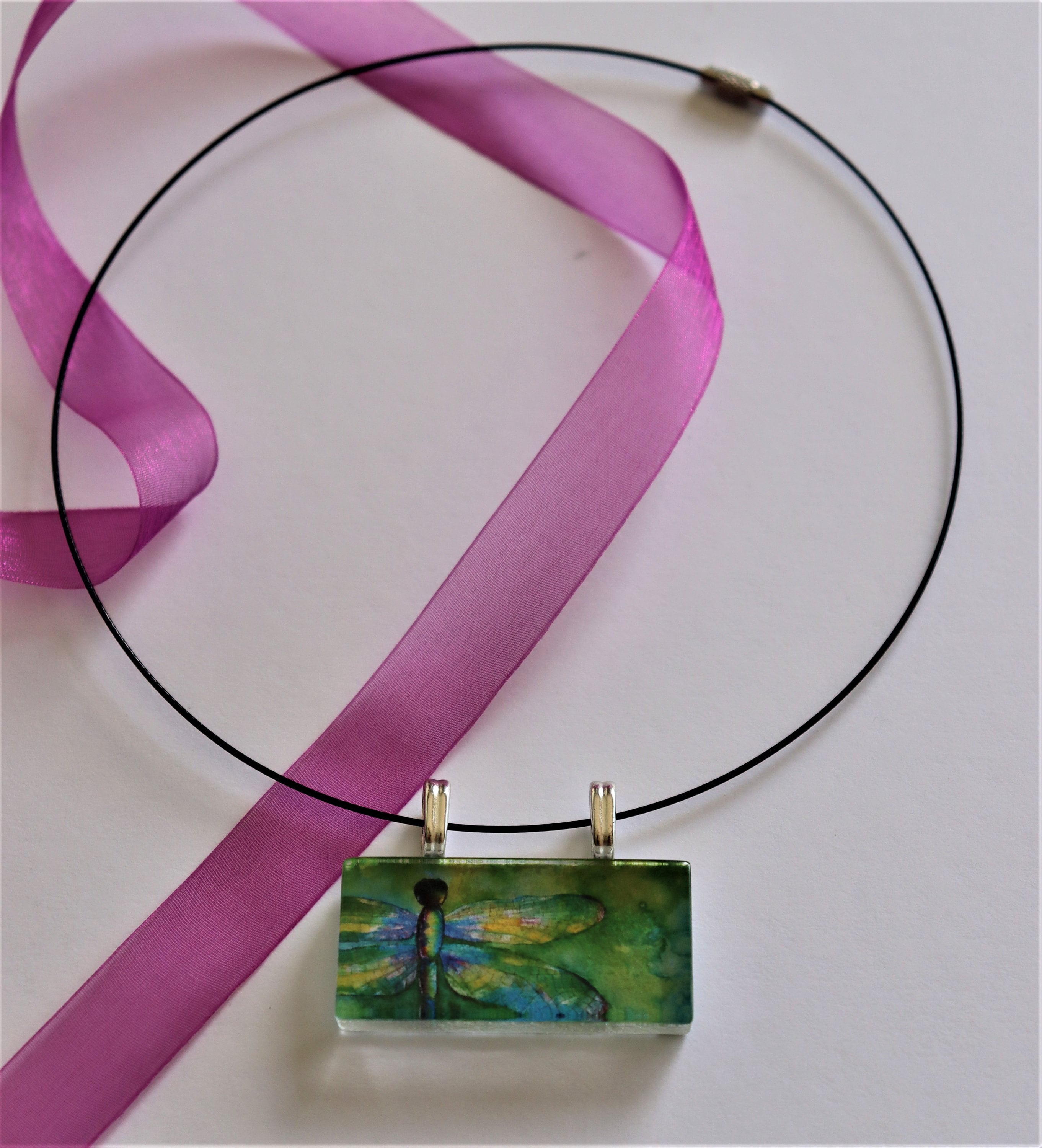 Dragonfly Glass Tile Pendant With Cord, Artsy Dragonfly Necklace for ...