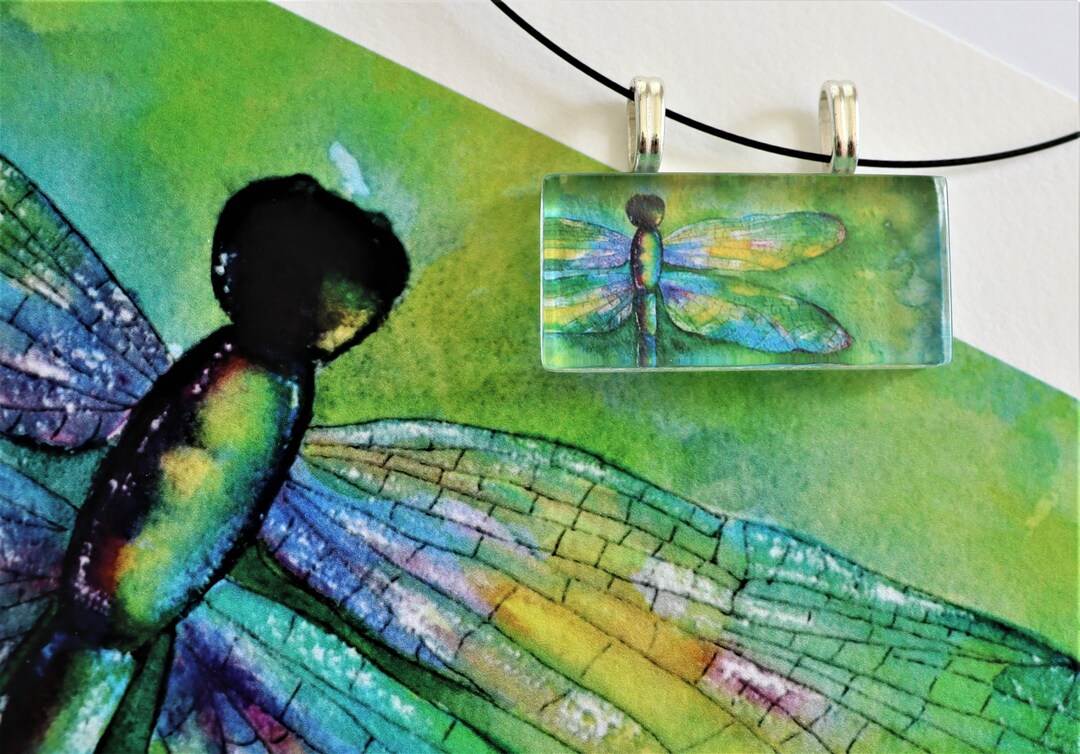 Dragonfly Glass Tile Pendant With Cord, Artsy Dragonfly Necklace for ...