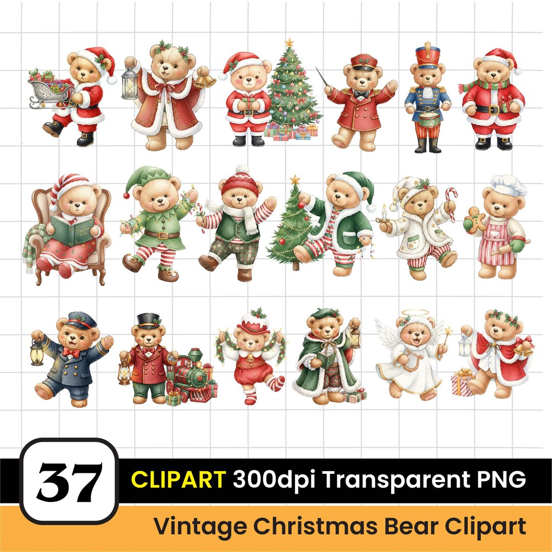 Vintage Christmas Bear Clipart Set | 37 PNG 300 DPI Transparent - Etsy