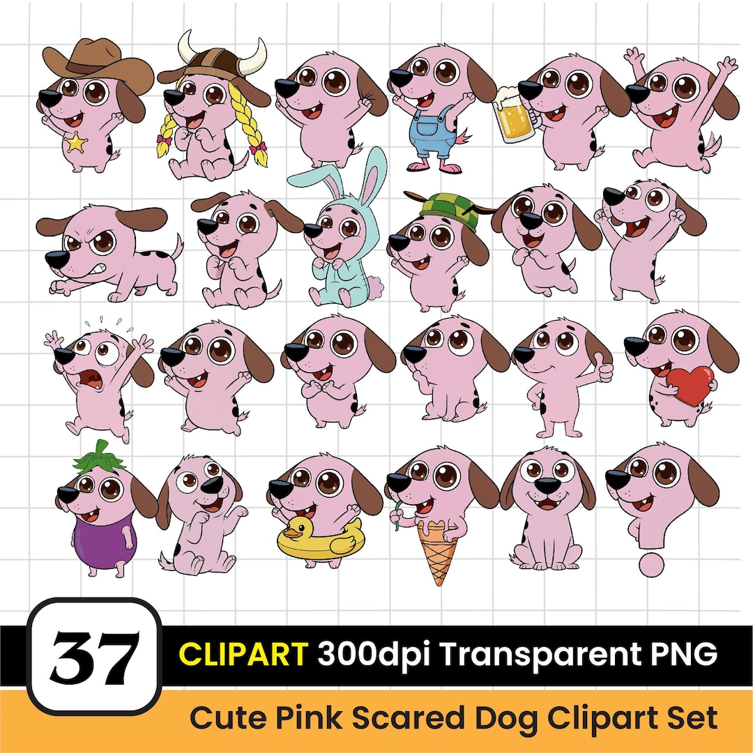 Funny Pink Dog Clipart Bundle: 54 PNG Cartoon Stickers (digital ...