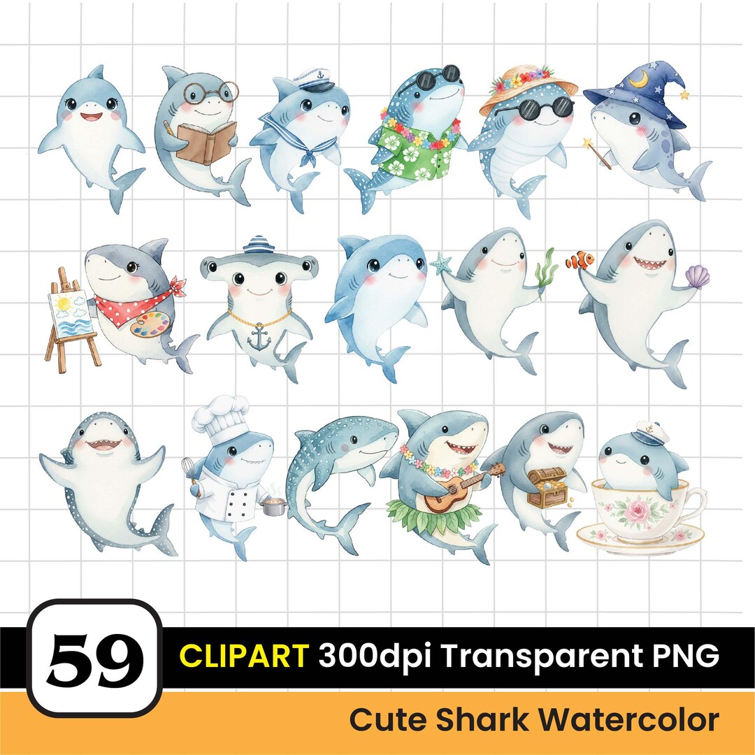 Shark Watercolor Clipart Set With 59 PNG Files for Crafts and Design - Etsy