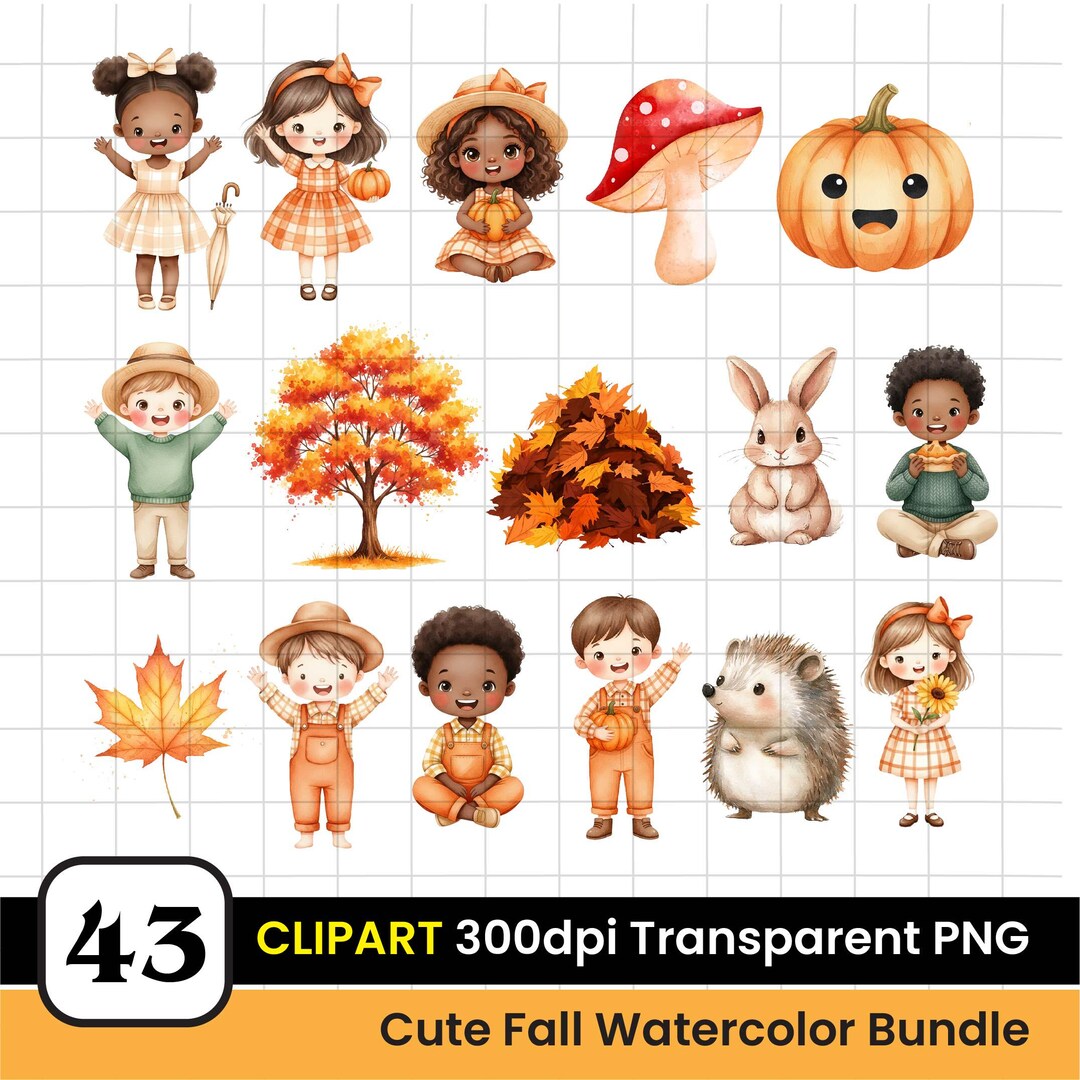 Fall Watercolor Clipart Bundle: Autumn Pngs, Animals, Kids (digital ...