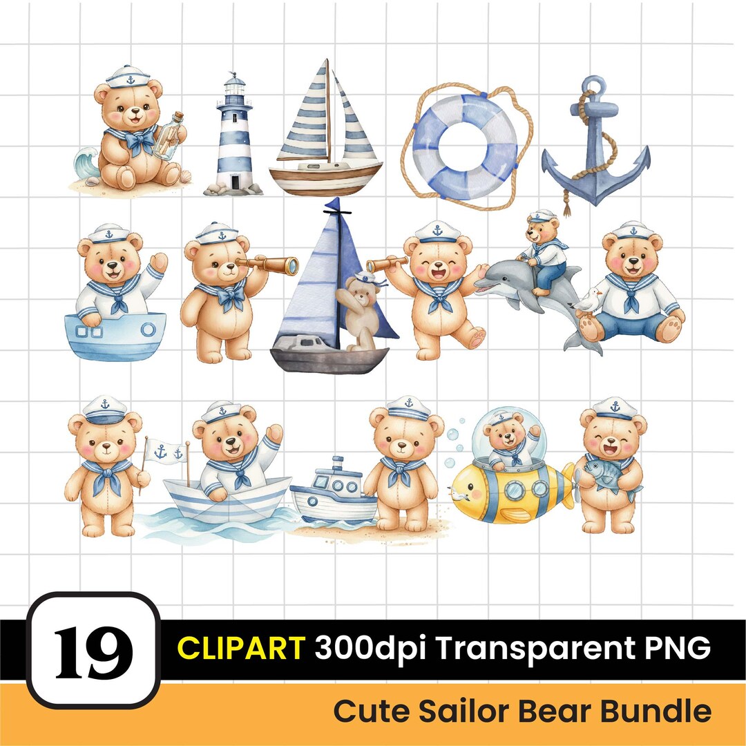 Watercolor Sailor Bear Clipart: Nautical PNG Set (digital Download) - Etsy