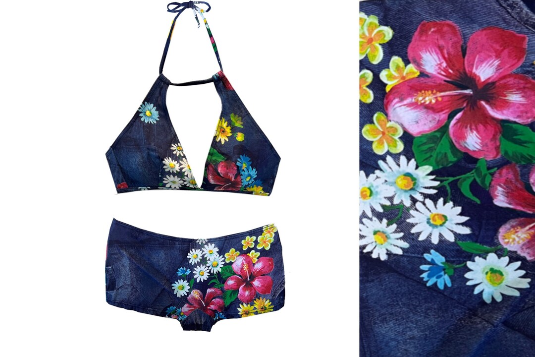 Vintage 90s Deadstock Denim & Floral Triangle Top Shortkini Set ...