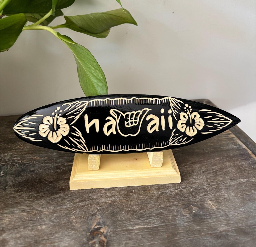 Hawaiian Hand Made 8" Carved Black Wood Surfboard W/ Display Stand ...