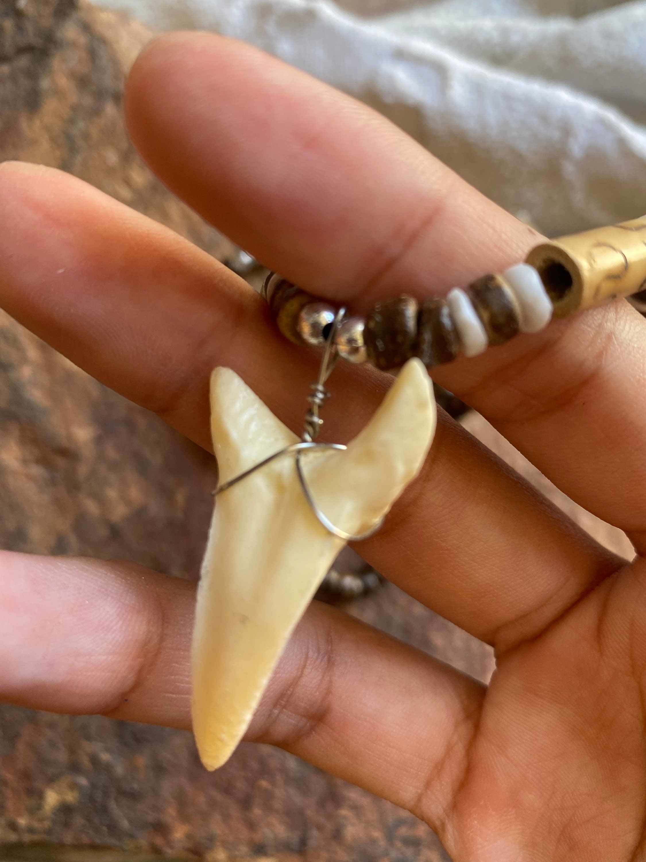 Hawaiian Design Jewelry Bone Powder Shark Tooth W/ 18" Coconut & Wood ...