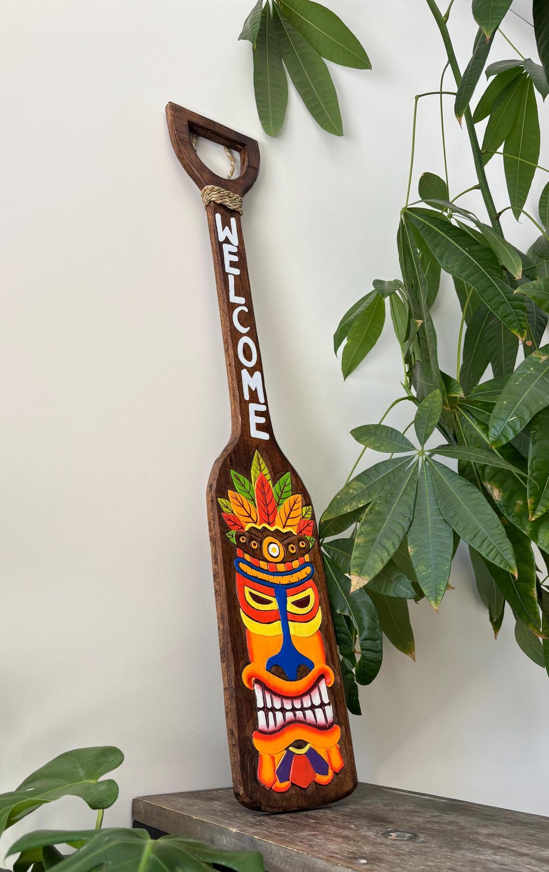 Hawaiian Hand Made 35" Carved Wood Tiki Face Welcome Paddle Sign Home ...