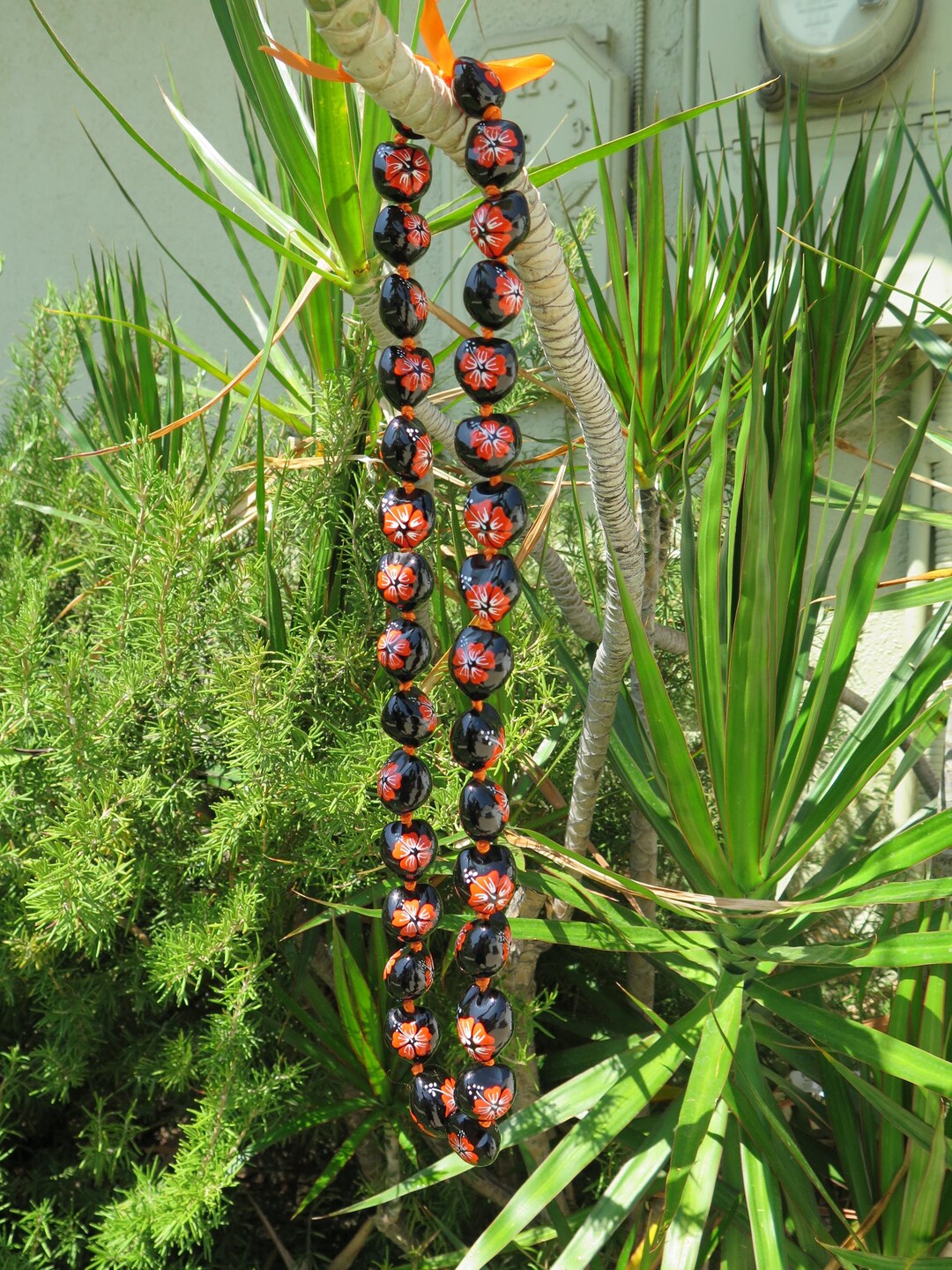 Black Kukui Nut Lei Orange Hibiscus Hawaiian Luau Wedding Graduation ...