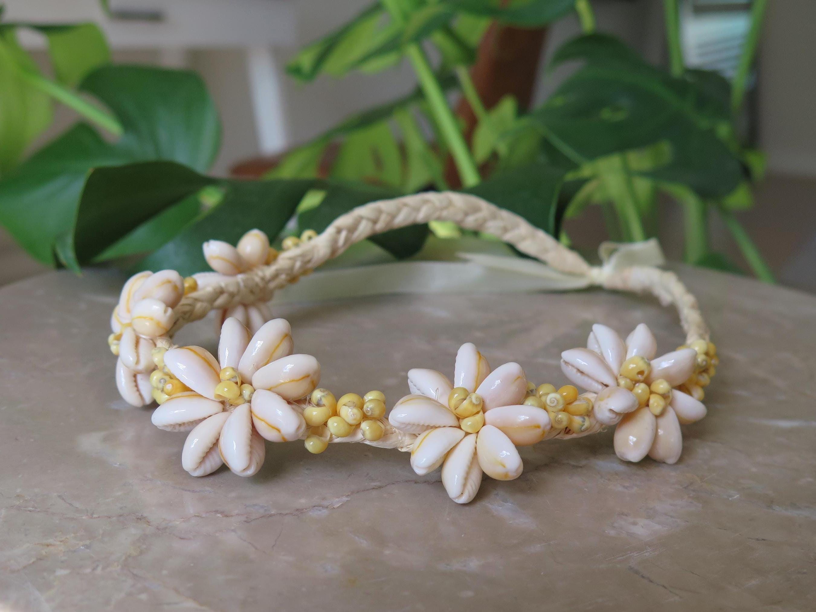 Hawaiian Jewelry Pink Sigay (cowry) Shell W/ Yellow Mongo Raffia ...