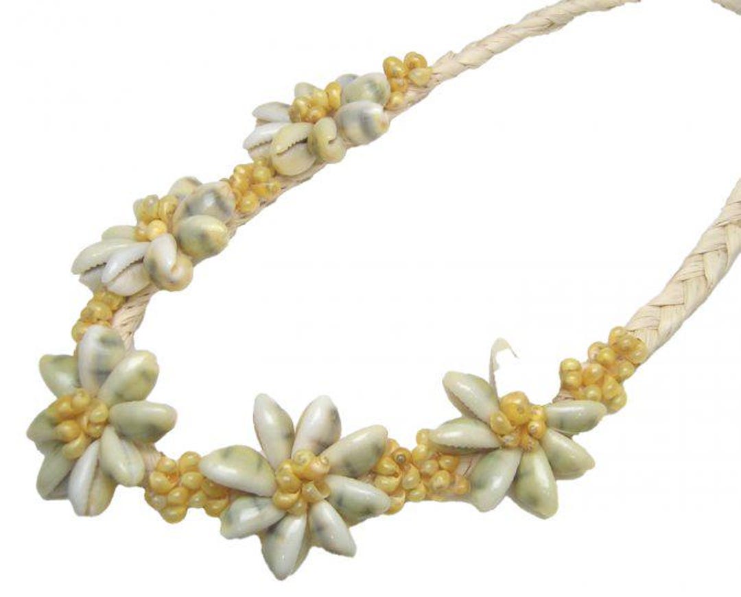 Hawaiian Jewelry Green Sigay (cowry) Shell W/ Yellow Mongo Raffia ...