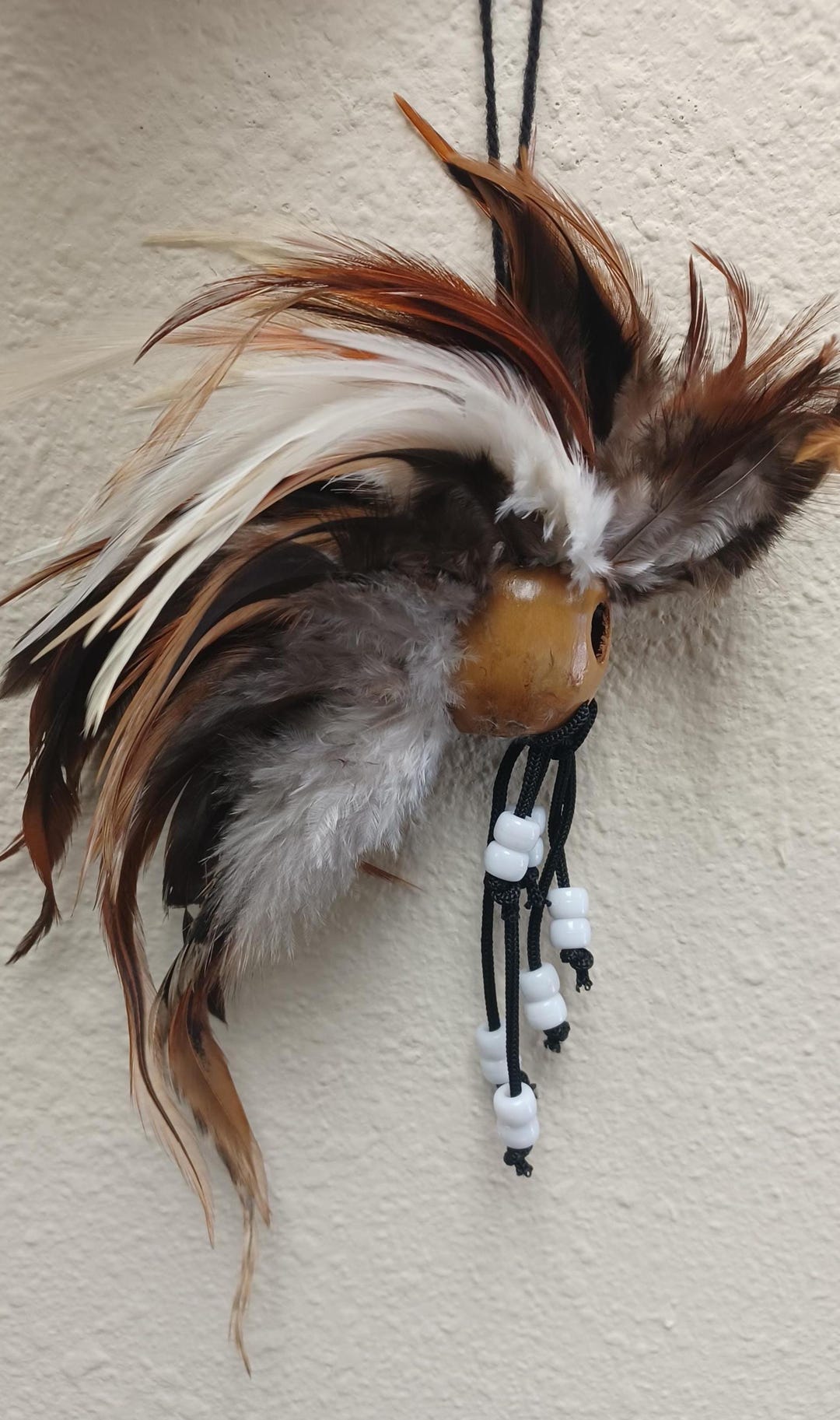 1" Kamani Nut Brown and White Feathers Ikaika Hawaiian Warrior Helmet ...