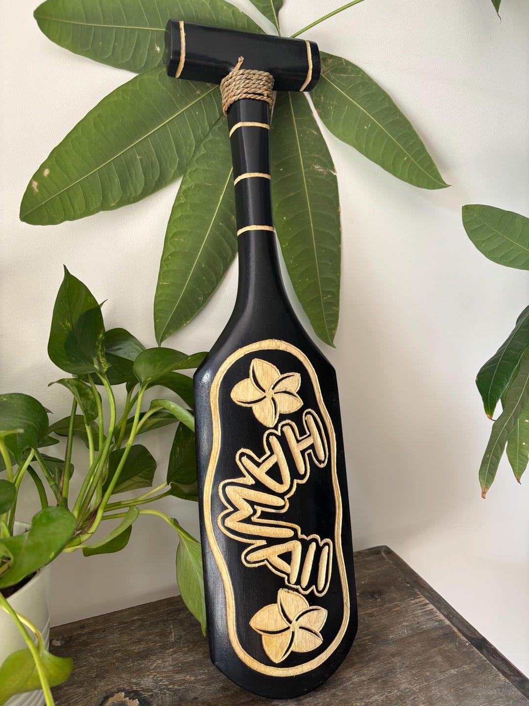 Hawaiian Hand Made 20" Carved Wood Paddle Home Decor Engraved Plumeria ...