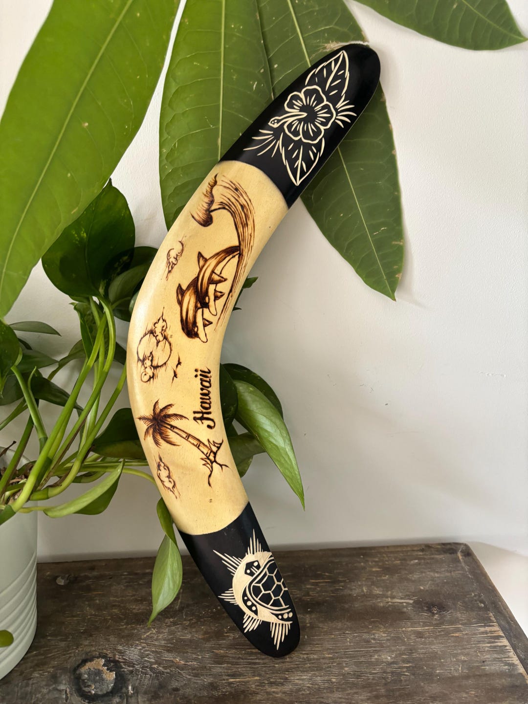 Hawaiian Hand Made 15" Carved Out Burned Wood Boomerang Home Decor ...