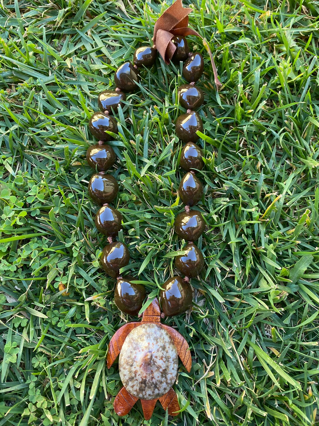 Abalone Shell Wooden Turtle Pendant Choker Brown Kukui Nut Lei Hawaiian ...