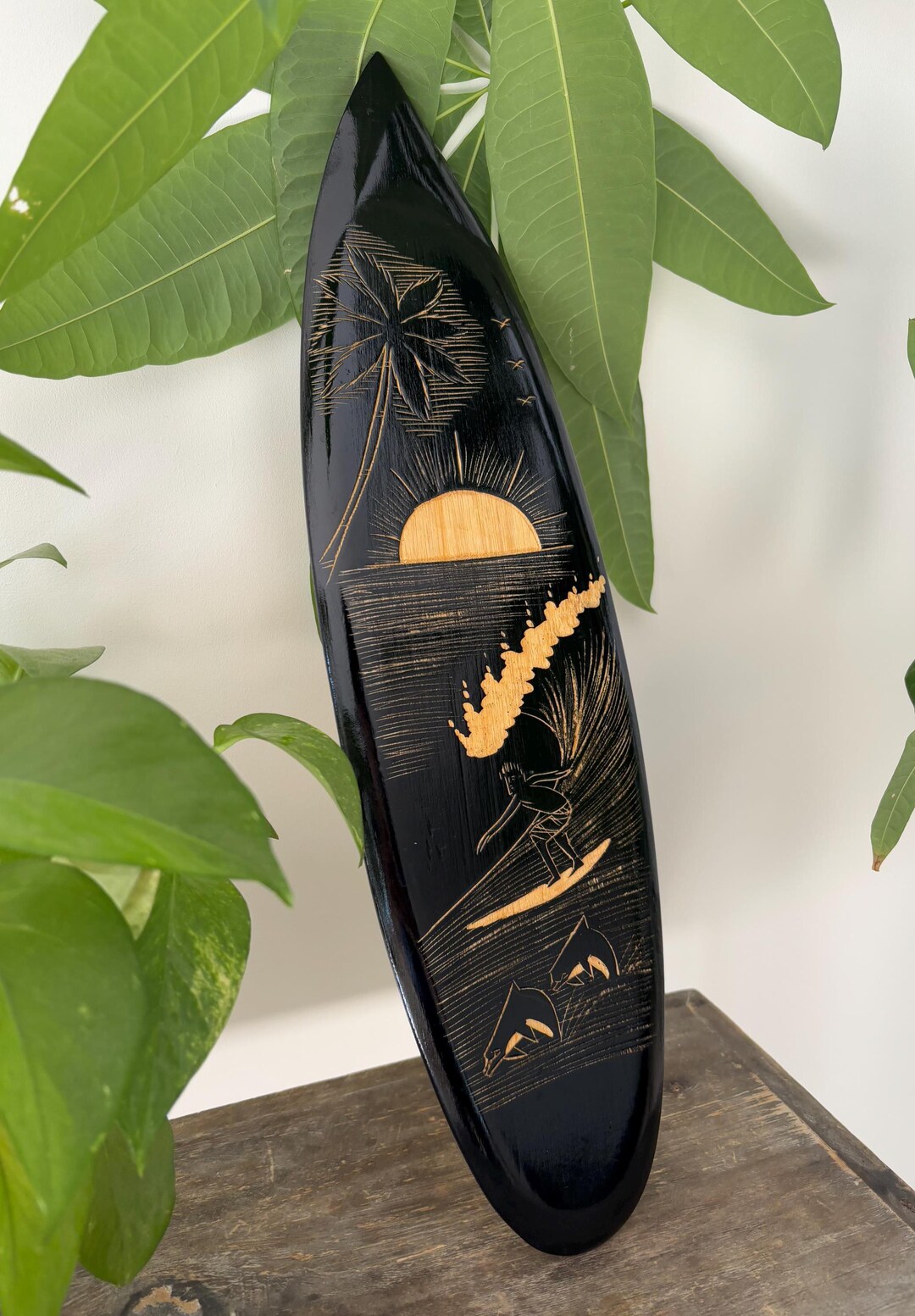 Hawaiian Hand Made 20" Carved Wood Surfboard Home Decor Engraved Dolphin Palmtree - Etsy